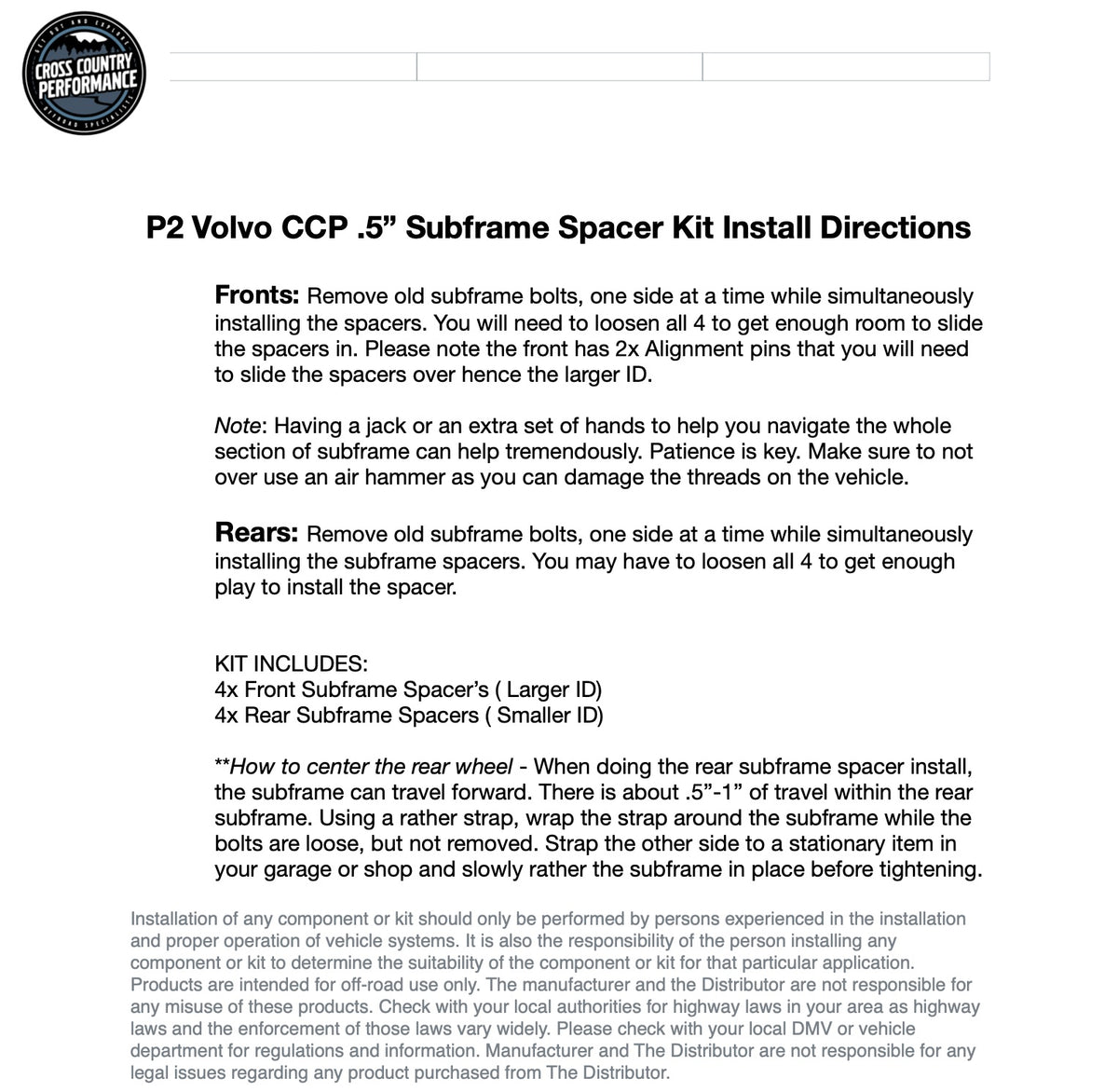 0.5" Subframe Spacer Kit V2.0 (XC70, XC90, S60) - Cross Country Performance
