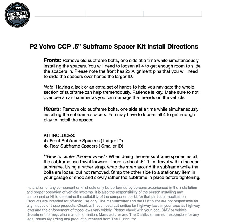 0.5" Subframe Spacer Kit V2.0 (XC70, XC90, S60) - Cross Country Performance
